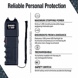 SABRE 2-in-1 Stun Gun with Flashlight and Anti-Grab Bar Technology, Painful 1.250 µC Charge, 120 Lumens, Rechargeable Battery, Safety Switch, Includes Wrist Strap and Belt Holster