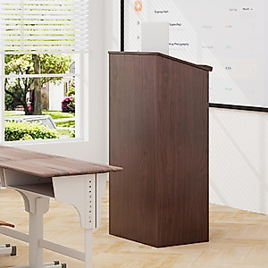 Tangkula Floor Standing Podium, Wooden Speaking Lectern Hostess Stand with 2-Tier Shelves & Dual Cable Holes, Standing Lectern Desk for Meeting Room, School, Churches, Auditorium, Classroom