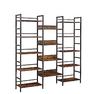 Elevon Bookshelf 5-Tier Open Bookcase, Triple Wide 70in Tall Display Shelf with 14 Open Display, Wood Shelf Metal Frame Floor Standing Unit for Living Room, Bedroom and Home Office - Rustic Brown