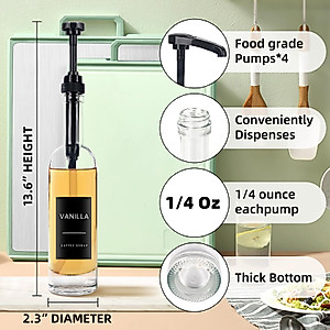 MSTCMZP Coffee Syrup Dispenser for Coffee Bar Accessories Coffee Pump Dispenser, Glass Syrup Bottle with Pump and Labels, 350 ml, Set of 4 Black