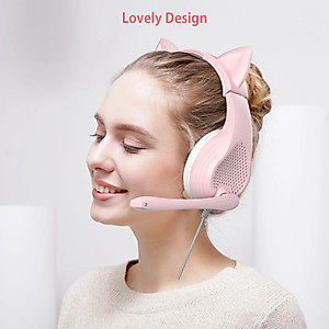 Mokochy Gaming Headsets with Mic Noise Cancelling Headphone Pink with Cat Ears Girly Headset with Microphone Wired 3.5mm Headphones for PC/Mac Headphones