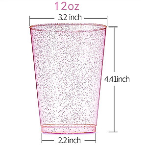 WDF 100pcs 12OZ Rose Gold Cups,Disposable Rose Gold Glitter Plastic Cups-Premium Wedding Pink Cups-Party Cups Perfect