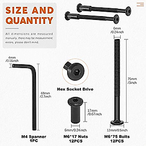 Rustark 12 Set M6x75mm Black Hex Drive Socket Cap Bolts Kit Carbon Steel Allen Head Countersunk Furniture Crib Bolts Nuts with Free Hex Key for Chairs Bed Cribs Furniture