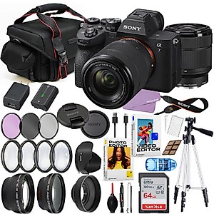 Sony a7 IV Mirrorless Camera with 28-70mm Lens Bundle + Commander Optics Accessories Pro Package Including Filters, Auxiliary Lenses + 64GB Memory, Movavi Software Package & More (Renewed)