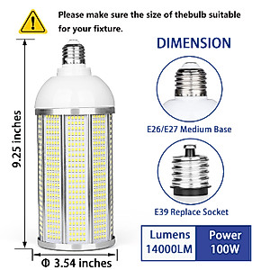 100W LED Corn Bulb, E26/E39 Mogul Base Lamp, 14000LM,5000K Daylight,AC85-265V, Replacement 350-400 Watt Metal Halide HID HPS CFL for Warehouse Parking Lot High Bay Light Fixture Garage Workshop