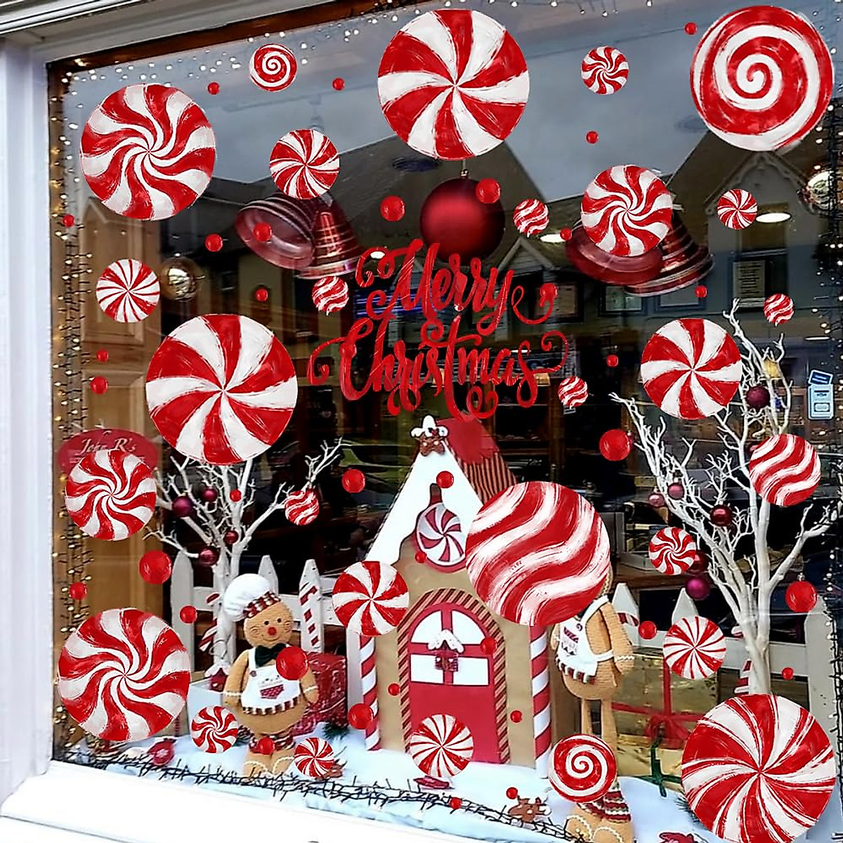 DULEFUN 8 Sheets Christmas Window Clings, Candy Window Decals Oil Painting Christmas Red Candy Stickers for Xmas Home Office School Decor Winter Glass Window Decoration