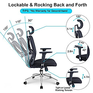 Ticova Ergonomic Office Chair - High Back Desk Chair with Adjustable Lumbar Support, Headrest & 3D Metal Armrest - 130° Rocking Mesh Computer Chair