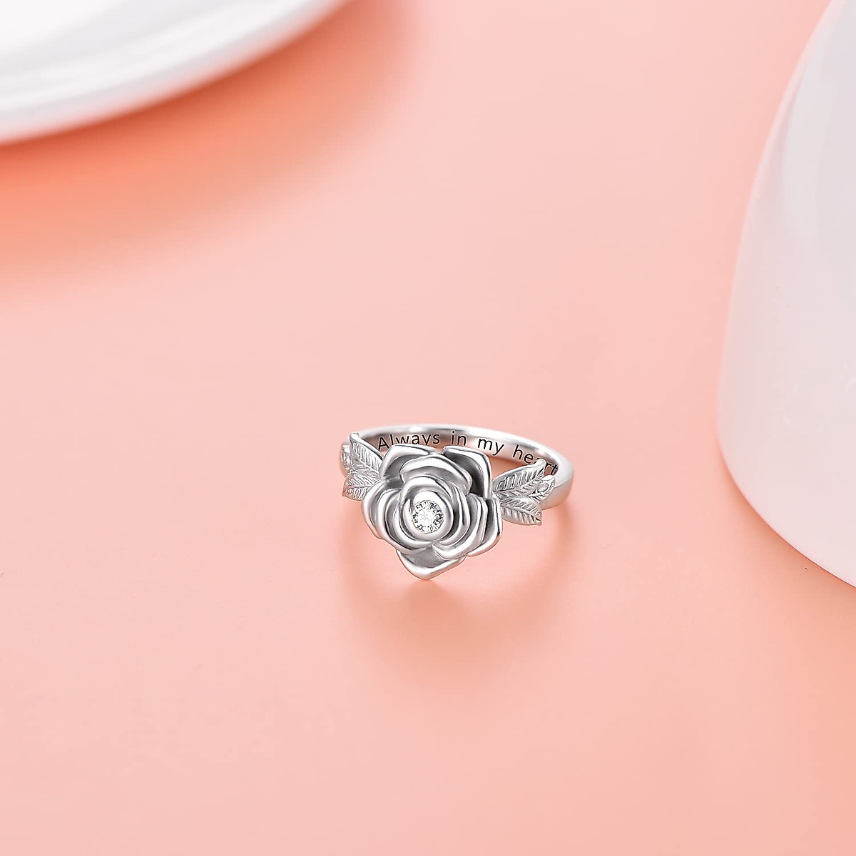 Rose Flower Cremation Urn Ring Holds Loved Ones Ashes 925 Sterling Silver Always in My Heart Cremation Keepsake Ring Memorial Jewelry Gift for Women (7)