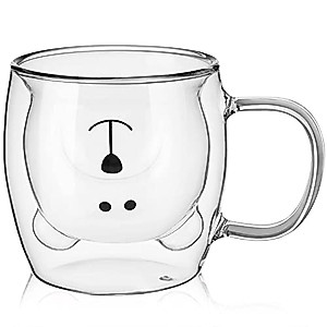 Cute Bear Tea Cup Double Wall Glass Milk Coffee Bear Mug with Handle Insulated Espresso christmas Beer Cup Cute Birthday gift for Women Men Valentine's Day, 250 ml/ 8.4 oz (White, 1 Piece)