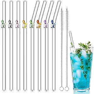 8 Pcs Reusable Glass Straws Shatter Resistant Straws with Design Colorful Cute 8'' Bend Drinking Glass Straws for Cocktail with 2 Cleaning Brushes (Turtle)