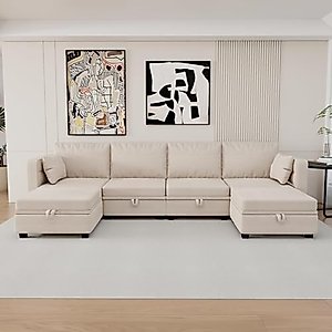 Olela Modular Sectional Sofa, Convertible U Shaped Couch with Storage Ottoman Linen Fabric 6 Seat Sleeper Sofa with Reversible Chaise for Living Room (Beige)