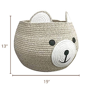 W Design Round Bear Toy Basket - Rope basket– Cute baby Laundry Basket Organizer for Toys, Blankets, Towels, Laundry, Baby Shower -19" W X 13" H SIZE XL Gift Baskets Empty -Mix brown Handmade