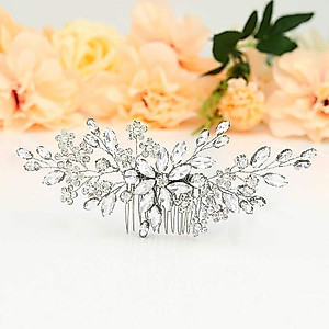 Unsutuo Crystal Bride Wedding Hair Comb Silver Rhinestone Flower Bridal Hair Pieces Pearl Wedding Hair Accessories for Women and Girls… (Silver)