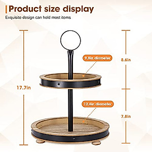 Urban Deco Wood Tiered Tray, 2-Tiered Tray Decorative Dessert Stand, Farmhouse 2 Tier Serving Tray with Metal Handle, Fruits Display Tray for Kitchen Counter, Living Room Table