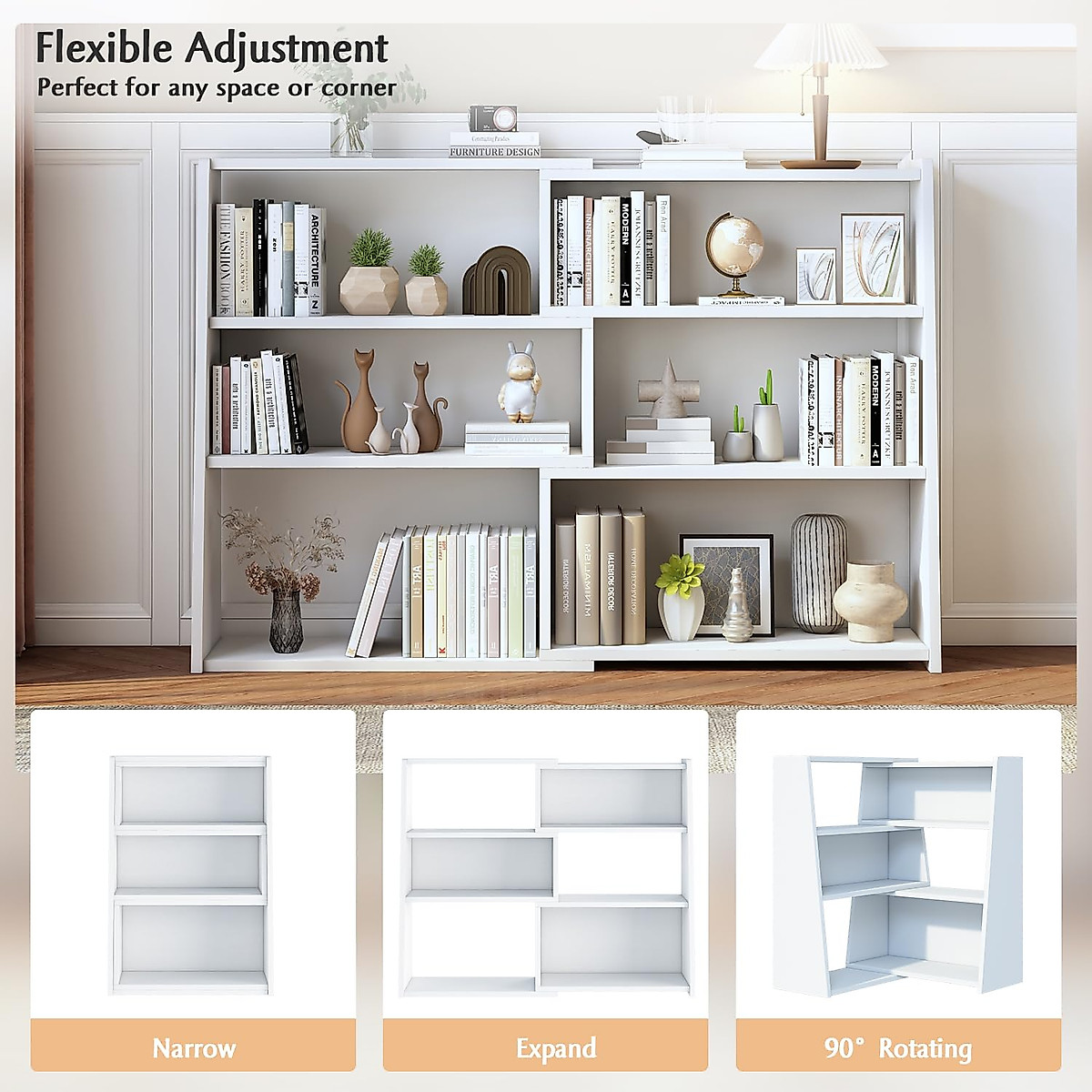 IOTXY Wooden Extendable Shelf Bookcase - 3-Tier Ladder Low Short Bookshelf for Small Space or Corner, White, S