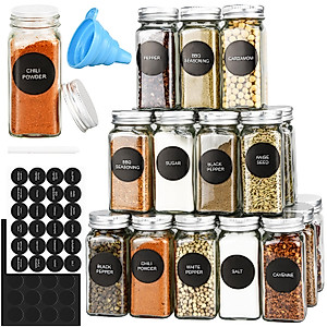 DkOvn 12/24/36/48pcs Glass Spice Jars, 4oz Empty Spice Jars with Metal Caps, Labels, Shaker Lids, Collapsible Funnel, Chalk Pen, Seasoning Organizer for Spice Rack(12pcs 4oz Set)