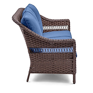 Buenhomino Outdoor Patio Sofa Couch - 3 Seater All Weather Rattan Conversation Sofa Porch Furniture Wicker Sofa with Deep Seat High Backrest for Deck Porch Balcony Garden - Brown/Blue