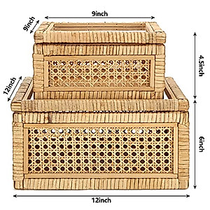 Amyhill Set of 2 Boho Rectangular Rattan Decorative Boxes with Glass Lids Woven Cane and Rattan Display Boxes with Lids Storage Basket Bins for Home Decor (12 x 12 x 6 Inch, 9 x 9 x 4.5 Inch)