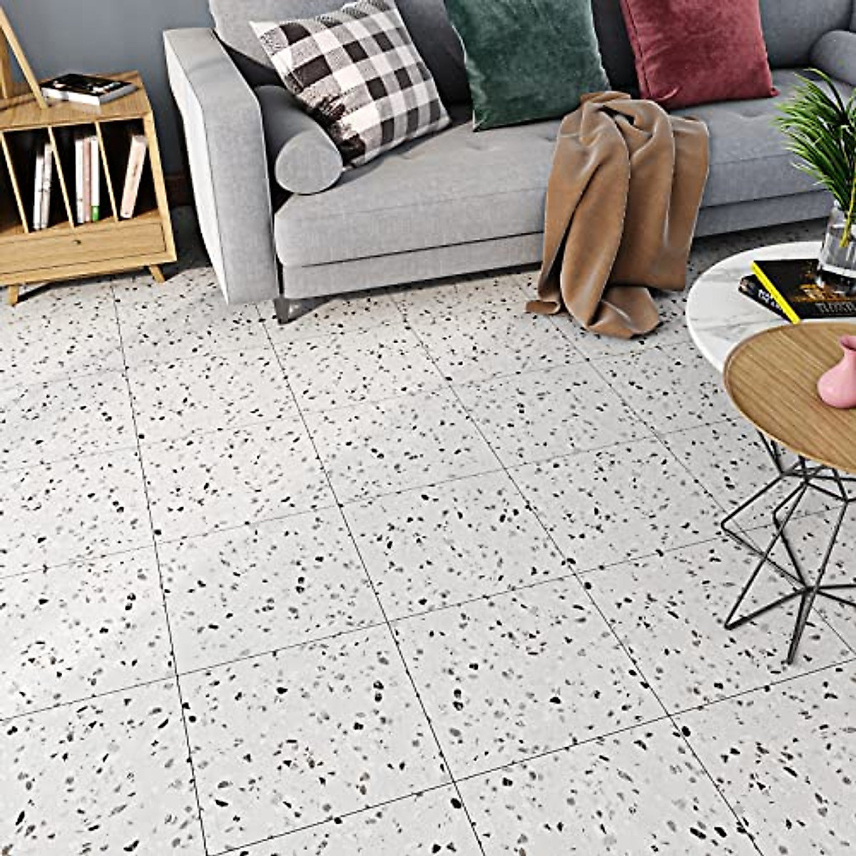 FunStick 30 Pack Peel and Stick Floor Tile Bathroom Flooring 12x12 In Thick Grey Floor Tiles Peel and Stick Waterproof Self Adhesive Terrazzo Vinyl Flooring Tiles for Kitchen Bedroom Laminate Flooring