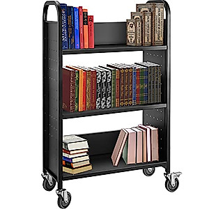 VEVOR Book Cart, 200lbs Library Cart, 30x14x49 Inch Rolling Book Cart Single Sided L-Shaped Flat Shelves with 4 Inch Lockable Wheels for Home Shelves Office and School Book Truck in Black