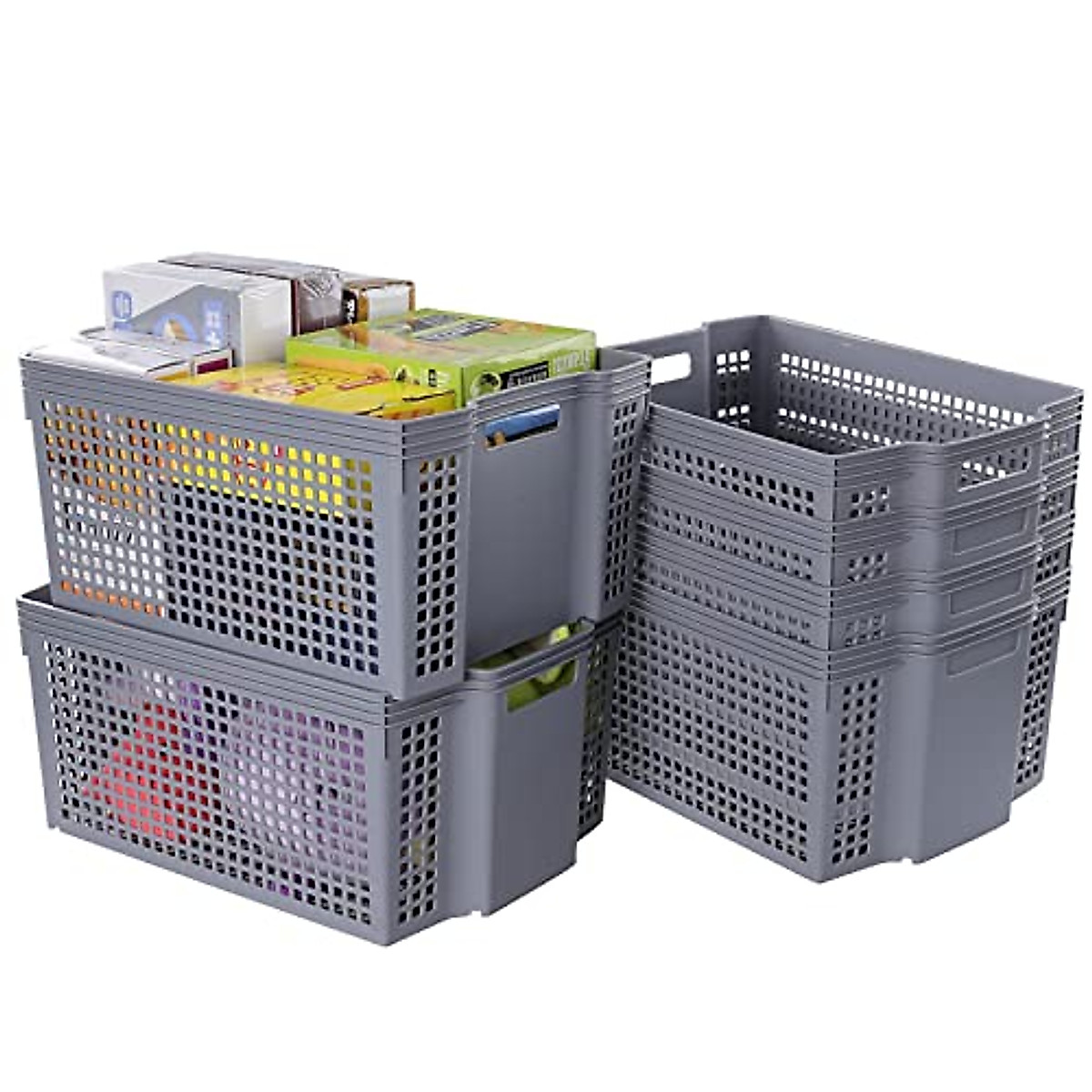 Ponpong 18L Large Plastic Stackable Baskets, Stacking Plastic Storage Basket, Pack of 6