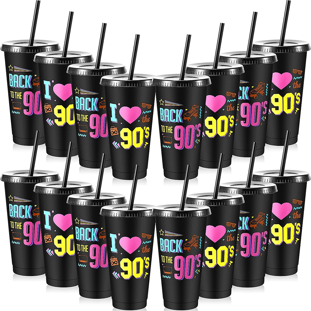 Uiifan 16 Pcs Back to the 90's Party Cute Reusable Cups with Lids and Straws 24 oz Cold Drinking 90's Retro Plastic Tumblers Bulk Funny Back to the 90's Party Decorations Supplies