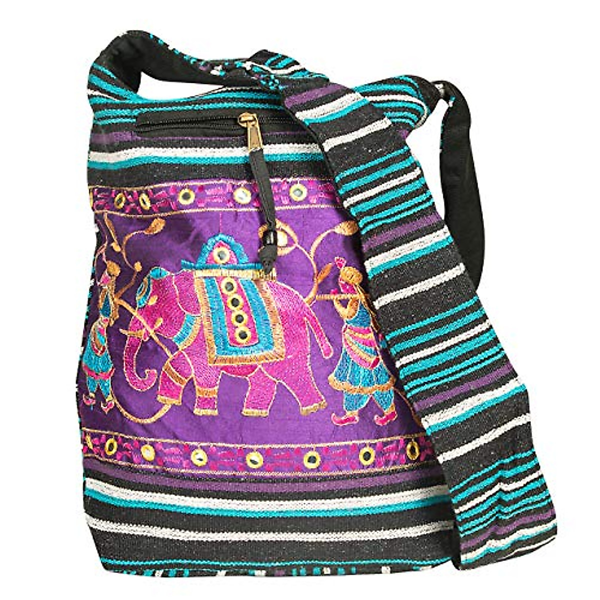 TribeAzure Elephant Hobo Shoulder Bag Cotton Sling Crossbody Handbag Boho Hippie Books Market Spacious Colorful Roomy Casual (Majestic Purple)