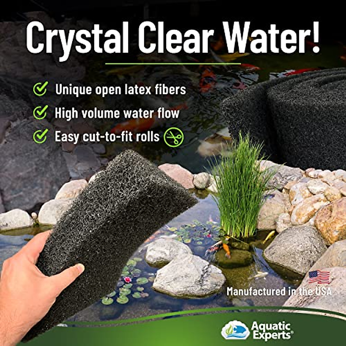 Aquatic Experts Classic Koi Pond Filter Pad COARSE – Black Bulk Roll Pond Filter Media, Rigid Ultra-Durable Latex Coated Fish Pond Filter Material US (2" x 12" x 36")