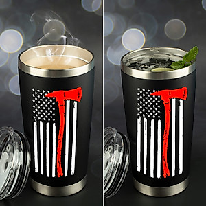 Firefighter Gifts for Men | Stainless Steel Travel Tumbler/Mug with Lid for Coffee Cup| Thin Red Line Flag Design for Fireman | Fire Department | First Responder Valentine's Day Gift (20oz Black)