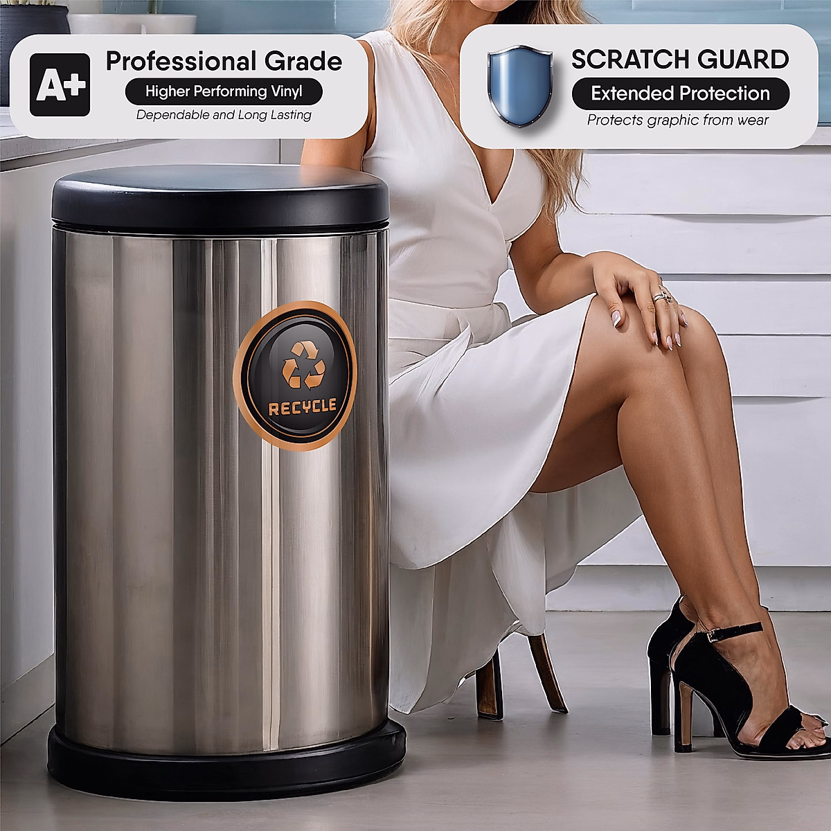 Recycle and Trash Sticker Set - 4 Pack 5.5" Circle - Elegant Look for Trash Cans, Containers, and Garbage Bins - Laminated UV Protected Vinyl Decal (Copper, Small)