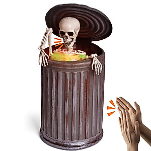 Presence 12" Halloween Animated Trashcan Skeleton, Spirit Activated Animatronic Halloween Decorations with Scary Sounds and Movable Posable Joints, Indoor Haunted House Party Home Props Decor