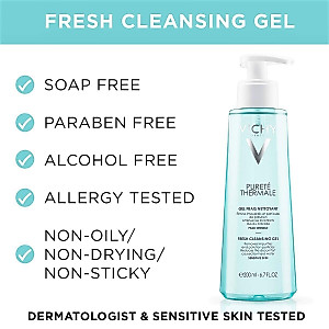 Vichy Pureté Thermale Fresh Cleansing Gel Face Wash, Facial Cleanser & Makeup Remover with Vitamin B5 to Cleanse & Remove Impurities , 6.76 Fl Oz (Pack of 1)