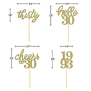 24 PCS Gold Glitter 30th Birthday Cupcake Toppers for Celebrating Thirty Years Old Birthday Party Decorations for 30th Anniversary Party Supplies