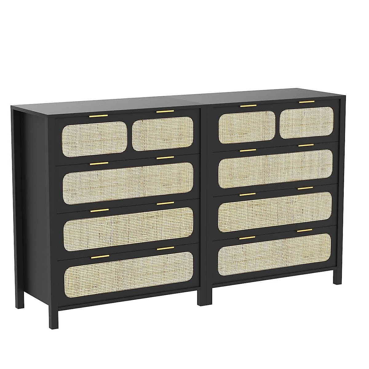 QEIUZON 4 Drawer Dresser, Modern Rattan Dresser Chest with Wide Drawers and Metal Handles, Farmhouse Wood Storage Chest of Drawers for Bedroom, Living Room, Hallway, Entryway (Black-4 Drawers-2 Packs)