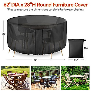 VGYUE Round Patio Furniture Covers, 100% Waterproof UV Resistant Anti-Fading Outdoor Furniture Table Chair Cover, Heavy Duty 600D Fire Pit Cover, 62" DIAx28 H, Black