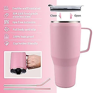 MUCHENGHY 40 oz Tumbler with Handle and Straw Lid, Leak Proof Double Vacuum Stainless Steel Tumblers Insulated Travel Coffee Mug with Lids Pink