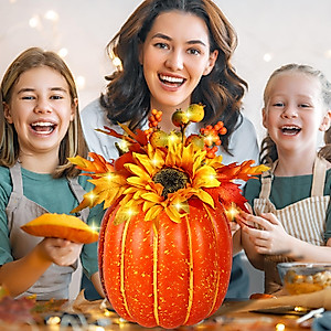 Roseeyo 11 Inch Lighted Pumpkin Decor, Thanksgiving Decorations Artificial Pumpkin with 30 LED Lights 9 Maple Leaves 2 Pumpkins 2 Berry Stems Sunflower Straw, Autumn Pumpkin Home Table Decorations