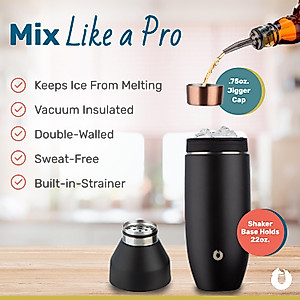 SNOWFOX C90024-01 Premium Vacuum Insulated Stainless Steel Cocktail Shaker - Home Bar Accessories - Elegant Drink Mixer - Leak-Proof Lid With Jigger & Built-In Strainer - 22oz.