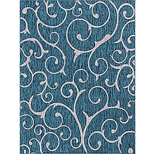 Unique Loom Outdoor Botanical Collection Area Rug - Curl (9' x 12' Rectangle, Teal/ Ivory)