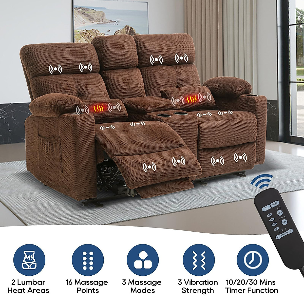 RIHEREFY 68'' RV Power Loveseat Recliner Sofa | Reclining Loveseat with Console & Cup Holder | Double Recliner Sofa | Theater Seating Loveseat with Heat and Massage (Fabric, Coffee)