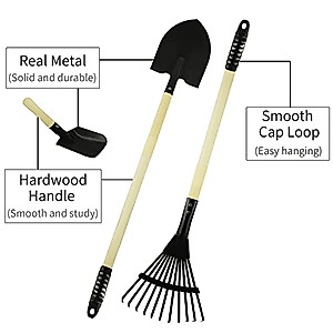 POMIKU Kids Garden Tools Set, Shovel, Rake for Leaves, Spade, Hoe, 7 Pieces Yard Tools for Toddlers Gifts, Steel Heads & Real Wood Handle