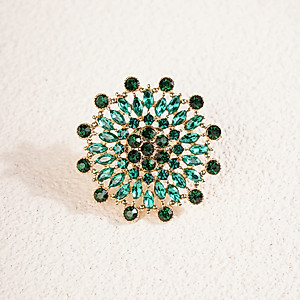 Jumwrit Big Round Ring Green Rhinestone Flower Ring Open Wrap Band Ring Adjustable Finger Ring Gold Knuckle Ring for Women Statement Ring