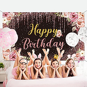 Happy Birthday Backdrop Decorations for Women Background Party Supplies Rose Backdrop Photography for Girls Boys Floral Glitters Banner Wedding Baby Shower Decor (Black)
