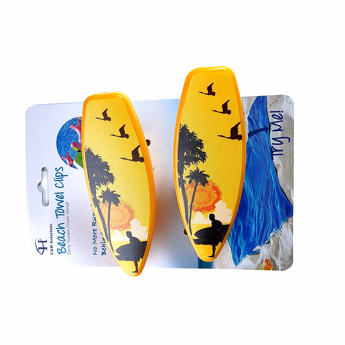 Yellow Surfboard Style Beach Towel Clips Jumbo Size for Beach Chair, Cruise Beach Patio, Pool Accessories for Chairs, Household Clip, Baby Stroller. by C&H Solutions