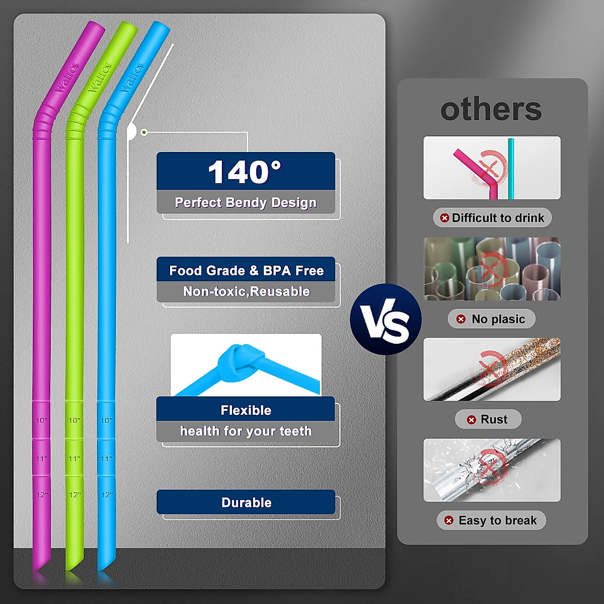 WALFOS 14.5 inch Extra Long Reusable Silicone Straws, Big Sizes Flexible Bendable Straws for 1/Half Gallon Large Water Bottles, 128 75 64 40 OZ Tumbler with Cleaning Brush (6-Pack)