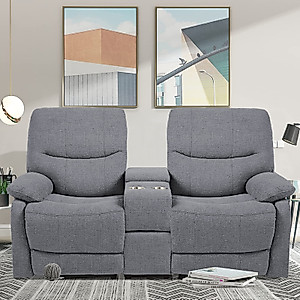 B BAIJIAWEI Double Reclining Loveseat - Fabric Home Theater Seating with Console - 2 Seater Manual Reclining Couch for Living Room, Office (Fabric- Light Grey)