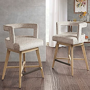 Madison Park Glenwood Upholstered Swivel Counter Stools, Height Kitchen Chair, Solid Wood, Bronze Metal Kickplate Footrest, Back Support, Pipped Fabric, Dining Room Accent Furniture, Cream
