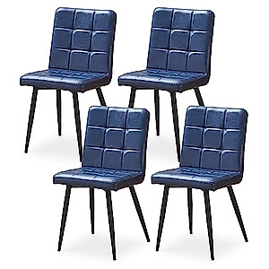 CLIPOP Kitchen Faux Leather Dining Chairs Set of 4, Mid-Century Modern Dining Chair with with Square Grid Design Backrest Heavy Duty Metal Legs, Armless Kitchen Accent Chair for Living Room, Blue
