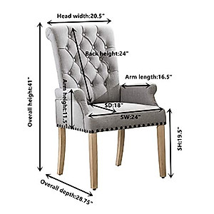 Restworld Fabric Arm Dining Chair,Tufted Upholstered High Back Nailed Trim with Untique Oak Wood Legs for Kitchen Restaurant Room Bedroom,Smoke Grey