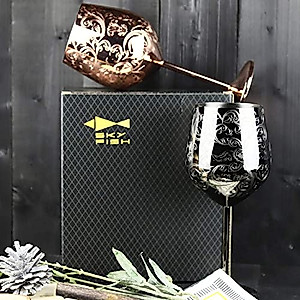 Sky Fish Stainless Steel Wine Glasses with Black Plated,Etched with Intricate and Authentic Baroque Engravings,Royal Style Wine goblets,Set of 2(17oz)